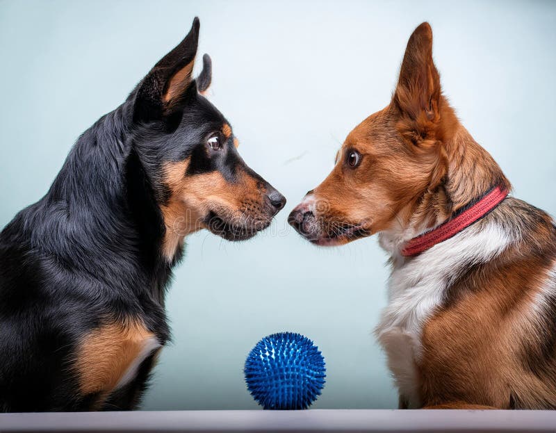 Two Dogs Looking at Each Other with a Toy between Them Stock ...