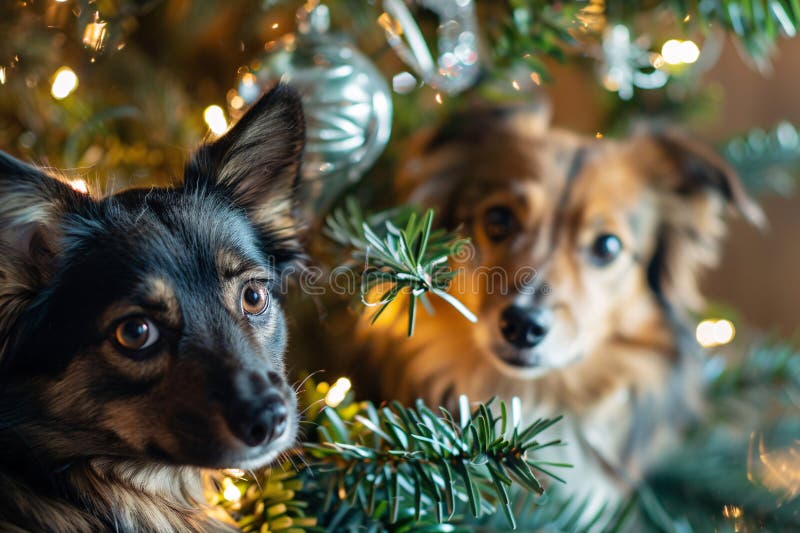 Two Dogs Near Christmas Tree Stock Illustration - Illustration of ...