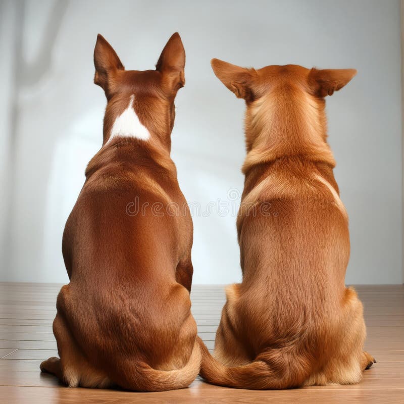 Two Dogs Sit Next To Each Other, Looking Back at Camera Stock Photo ...