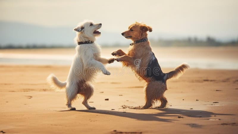 Two Dogs Playing on the Beach. Beautiful Shot of Two Dogs Standing ...