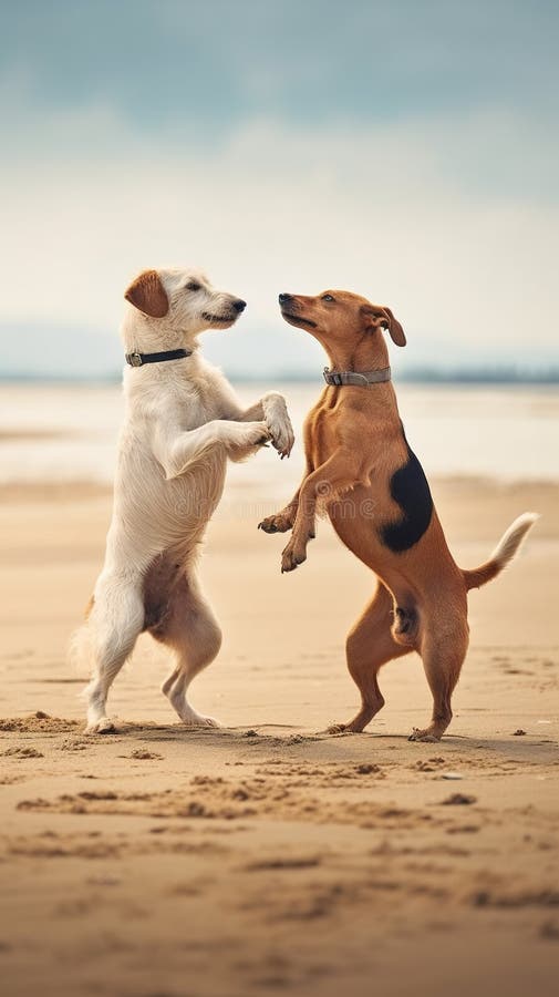 Two Dogs Playing on the Beach. Beautiful Shot of Two Dogs Standing ...