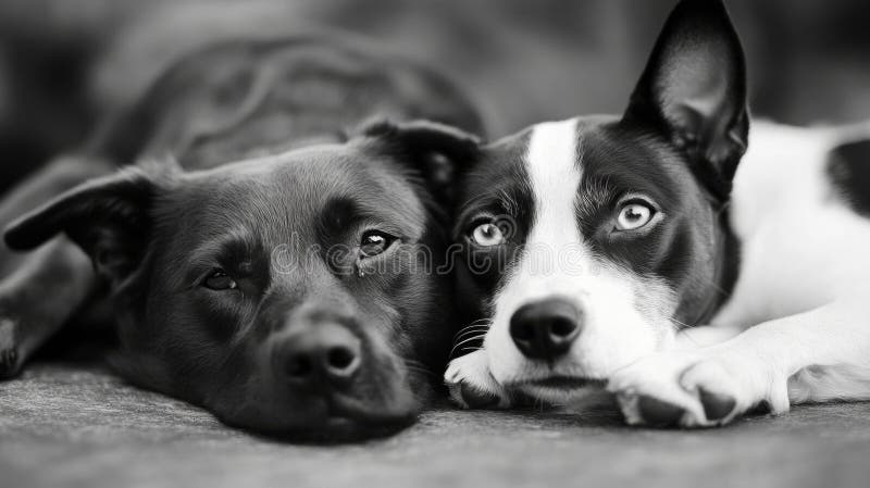 Two Dogs Resting Together in Black and White Stock Illustration ...