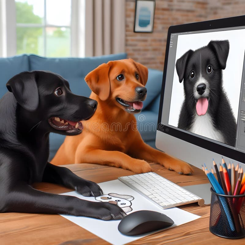 Two Dogs are in the Room. Playing on the Computer. Two Dogs Stock ...