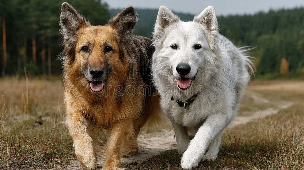 Two Dogs Running on a Dirt Road Stock Image - Image of field, tongues ...
