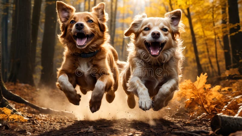 Two Dogs are Running through Forest with Their Mouths Open. Generative ...