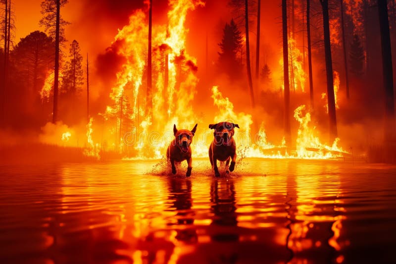 Two Dogs Running through a Lake in Front of a Fire Stock Image - Image ...