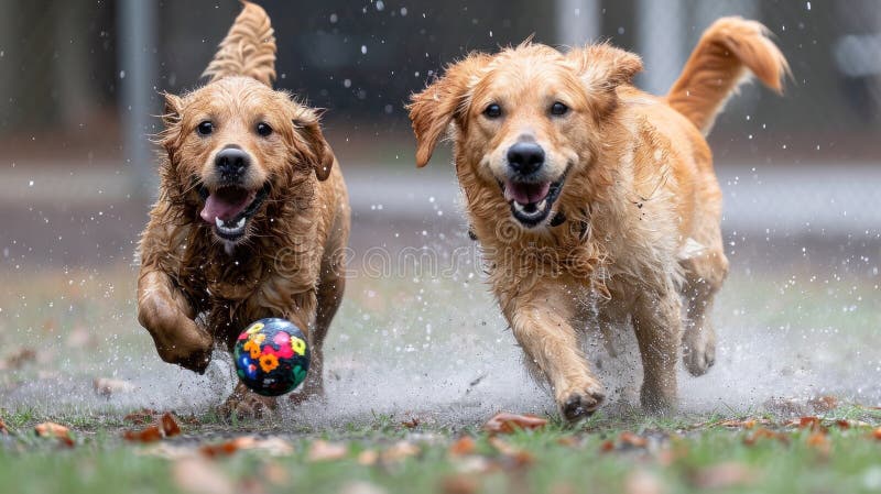 Two Dogs Running in the Rain with a Ball between Them, AI Stock ...