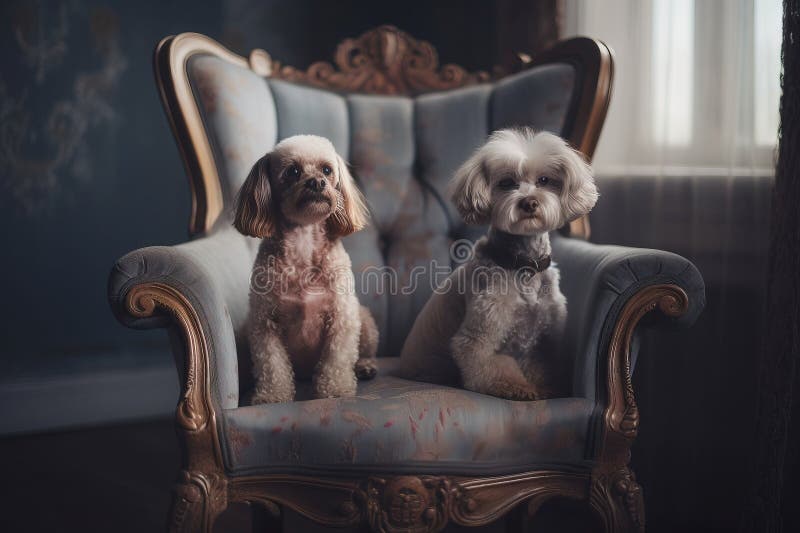 Two Dogs Sitting on a Blue Chair in a Dark Room Stock Illustration ...