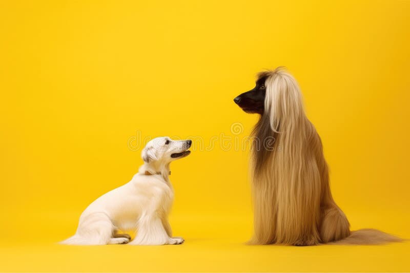 Two Dogs are Sitting Facing Each Other on a Yellow Background Stock ...