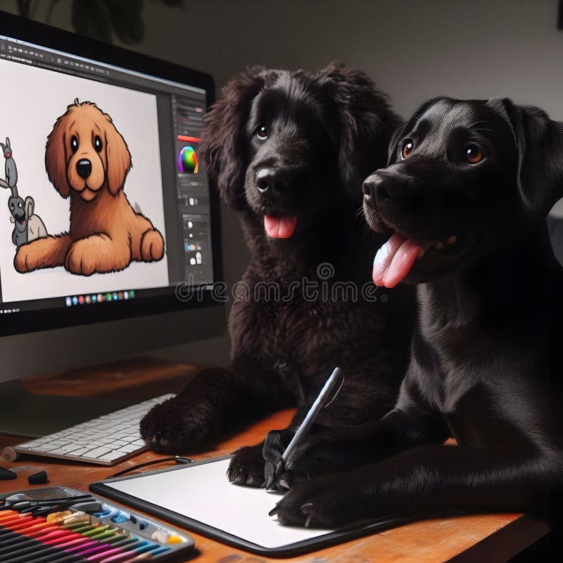 Two Dogs Sitting in Front of a Computer Screen on the Screen There is ...