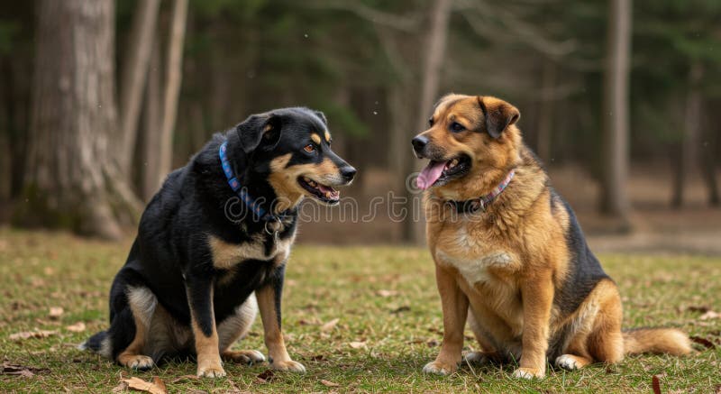 Two Dogs Sitting on Grass in a Forest Stock Illustration - Illustration ...
