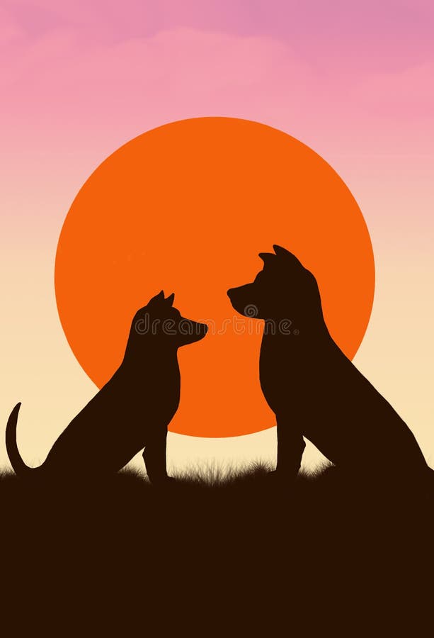 Two Dogs Sitting on the Grass Outdoors at Sunset Stock Illustration ...