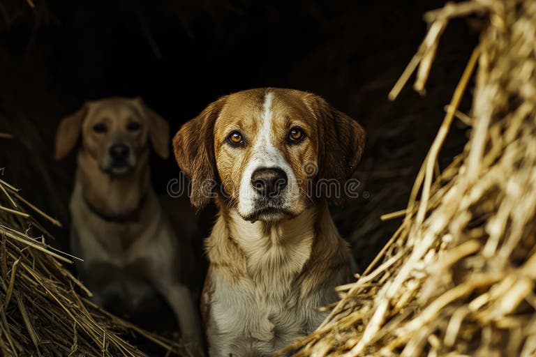 Two Dogs are Sitting in a Haystack Stock Image - Image of isolated ...