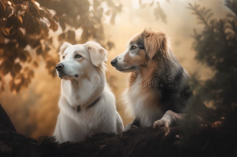 Two Dogs Sitting Next To Each Other on a Tree Branch Stock Illustration ...