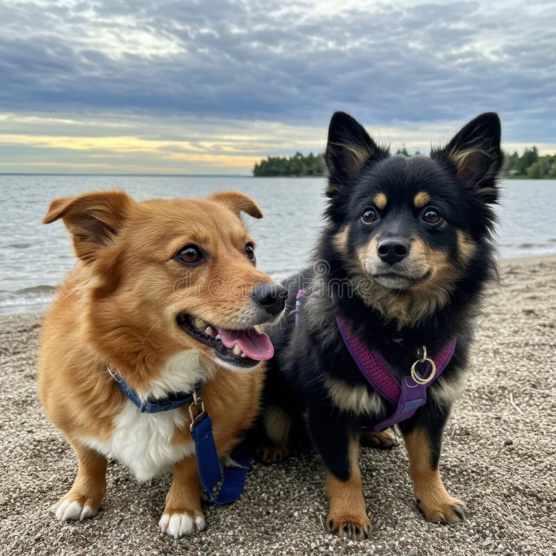 Two Dogs Sitting on Sandy Beach at Sunset Stock Illustration ...