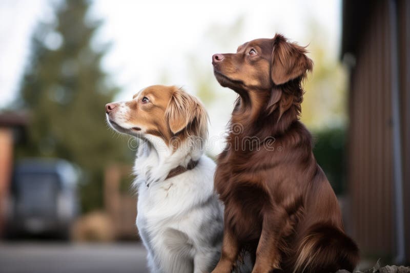 Two Dogs Sitting Side by Side, Looking in Different Directions Stock ...