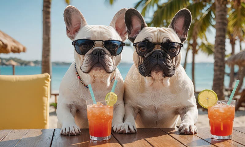 Two Dogs Sitting at Table with Drinks Stock Illustration - Illustration ...