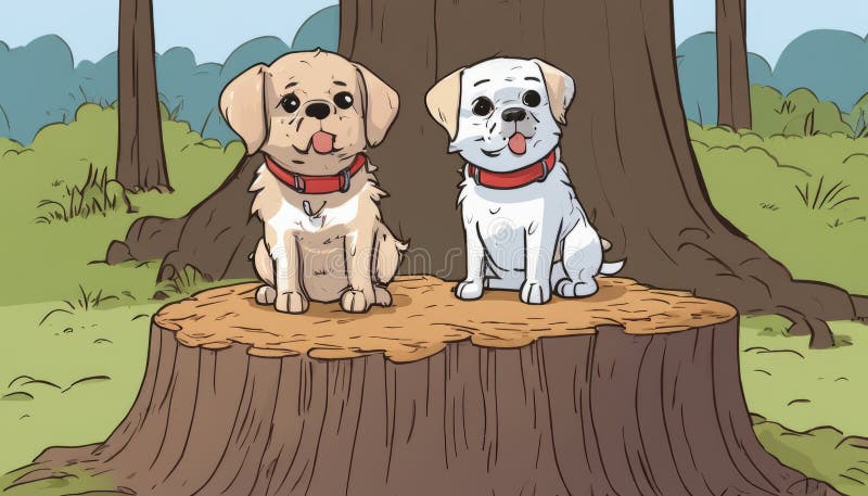 Two Dogs Sitting on a Tree Stump Stock Illustration - Illustration of ...