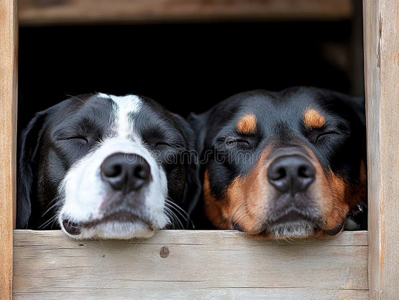 Two Dogs Sleeping in a Wooden Box with Their Eyes Closed Stock Image - Image of white, couple ...