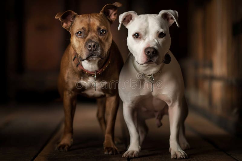 Two Dogs Standing Next To Each Other, One Brown and One White Stock ...