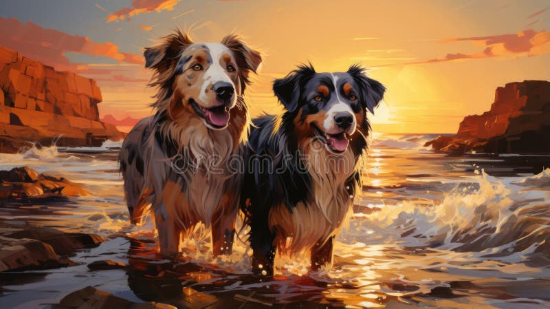 Two Dogs Standing in the Water at Sunset, AI Stock Photo - Image of ...