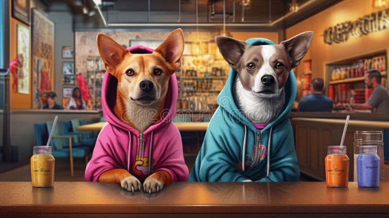 Two Dogs at a Table in a Cafe Stock Illustration - Illustration of ...