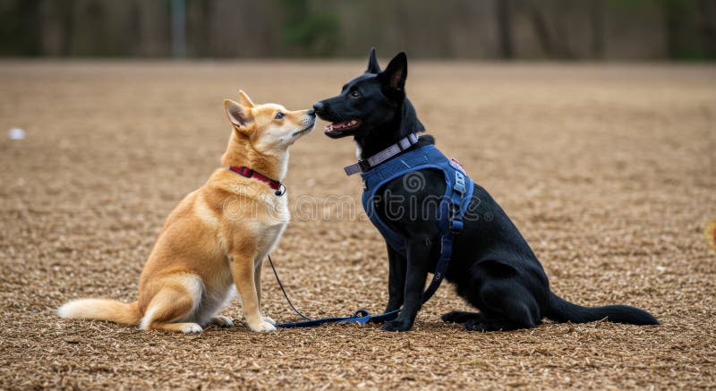 Two Dogs Touching Noses in a Park Stock Illustration - Illustration of ...