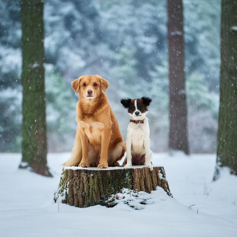 Two Dogs on Tree at Snow Fall Time Stock Image - Image of winter ...