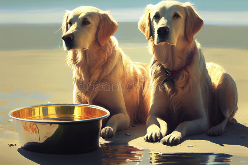 Two Dogs with Water Bowls, Sitting in the Sun Stock Illustration ...