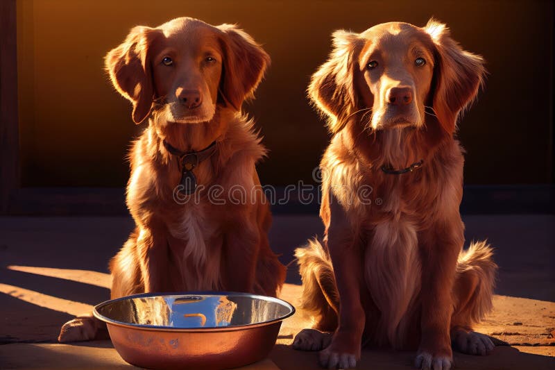 Two Dogs with Water Bowls, Sitting in the Sun Stock Illustration ...