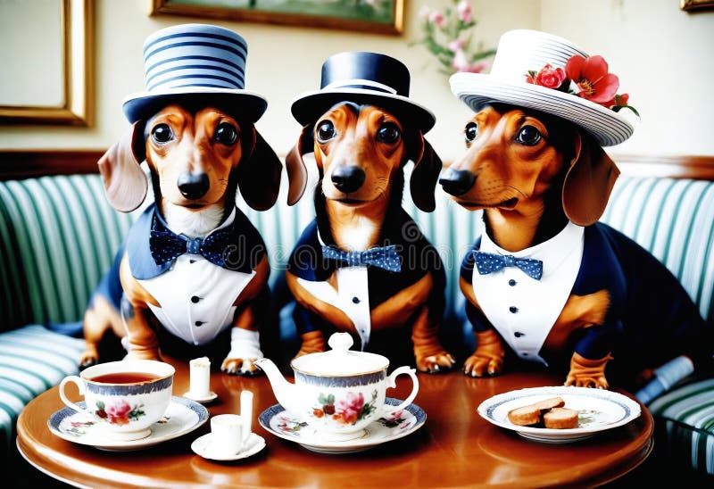 Two Dogs Wearing Suits and Hats Sitting at a Table in a Cafe Stock ...