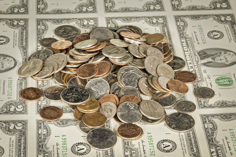 Two Dollar Bills with Some Change on Stock Photo - Image of numbers ...