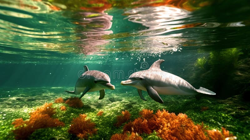 Two Dolphins in the Aquarium. Beautiful Dolphins in the Underwater ...