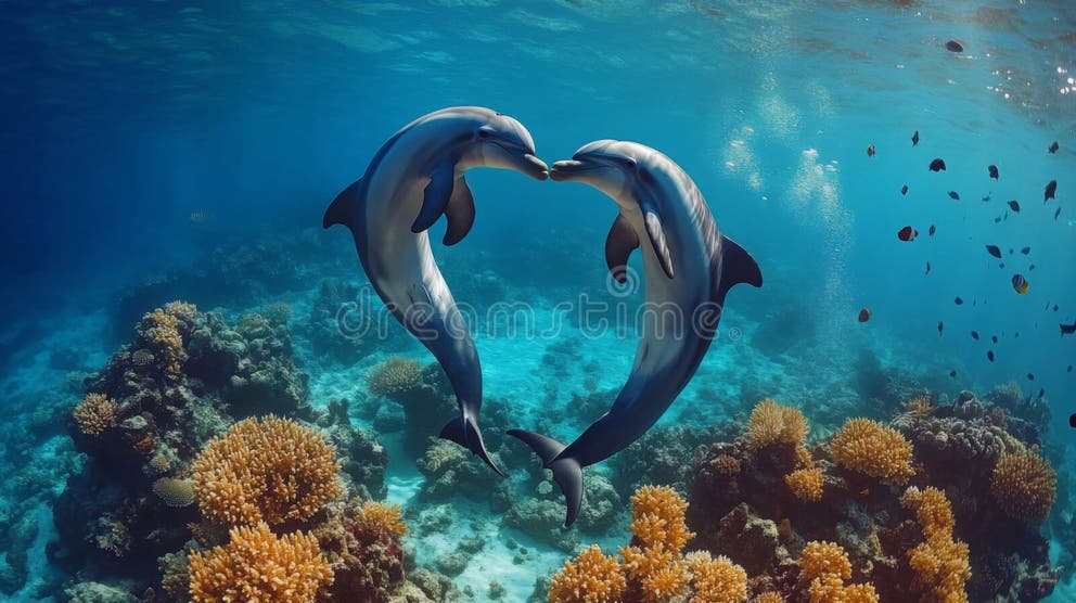Two Dolphins Forming a Heart Shape Underwater Stock Illustration ...