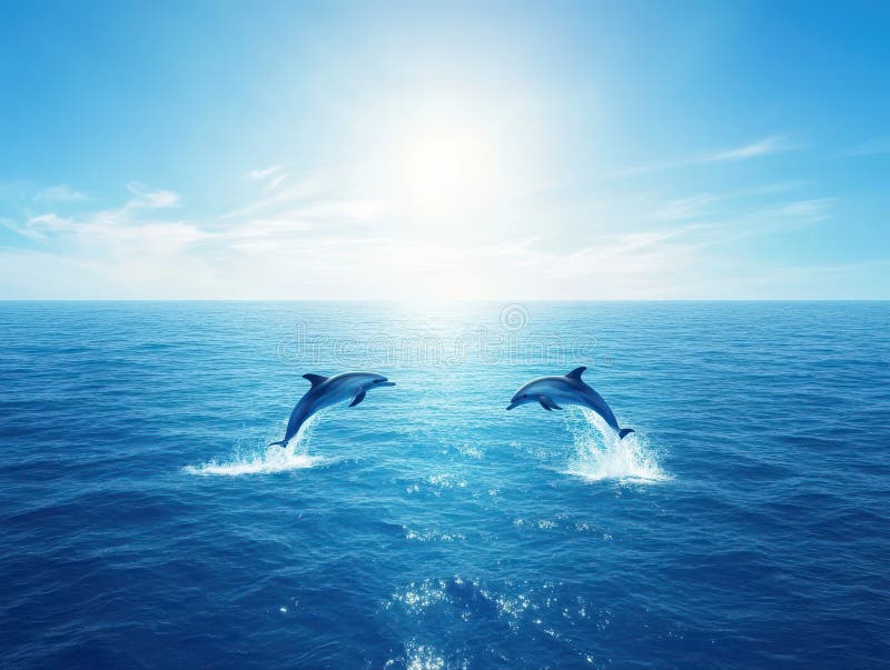 Two Dolphins Joyfully Jumping Out of the Water Leaping Above Waves in a ...