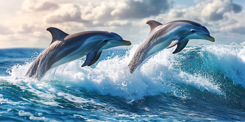 Two Dolphins Joyfully Leaping from the Ocean Waves Stock Illustration - Illustration of mammal ...