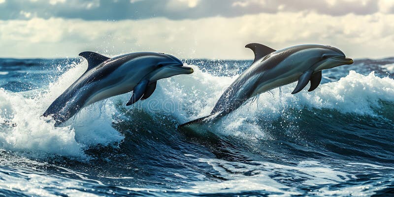 Two Dolphins Joyfully Leaping from the Ocean Waves Stock Illustration - Illustration of animal ...