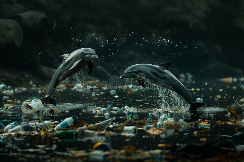 Two Dolphins are Jumping Out of the Water in a Polluted Ocean Stock ...