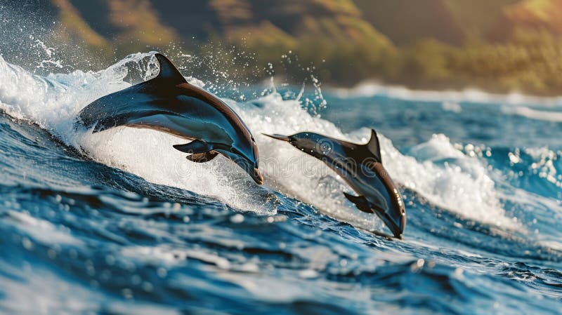 Two Dolphins Jumping Out of the Water. Sea Animals Stock Illustration ...