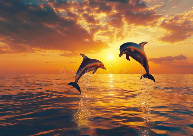 Two Dolphins Jumping Out of the Water at Sunset Stock Photo - Image of ...