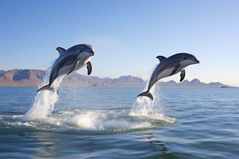 Two Dolphins Jumping Out of the Water Together Stock Illustration ...