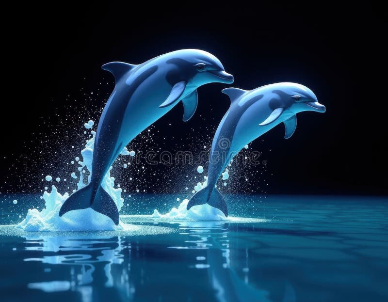 Two Dolphins Leaping in Dark Blue Ocean Water at Night Stock ...