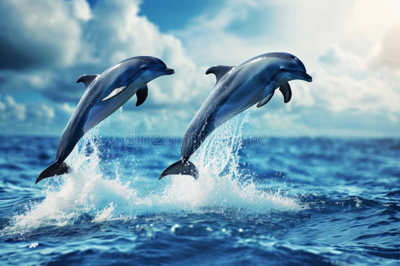 Two Dolphins Leaping from the Ocean Stock Image - Image of joyful ...