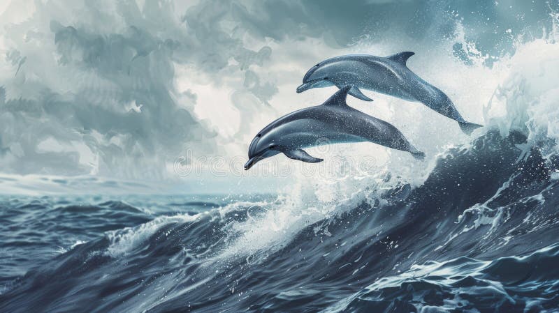 Two Dolphins Leaping from the Ocean Waves Stock Photo - Image of ...