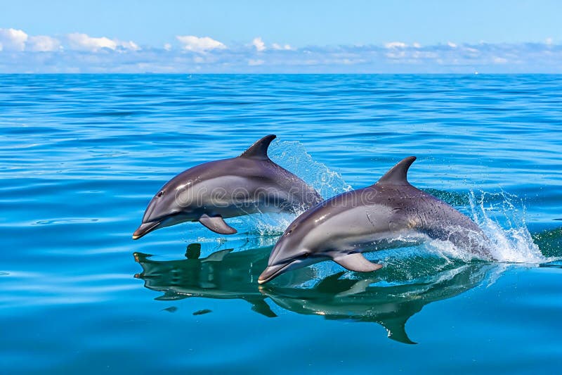 Two Dolphins Leaping Over Crystal Blue Ocean Stock Illustration ...