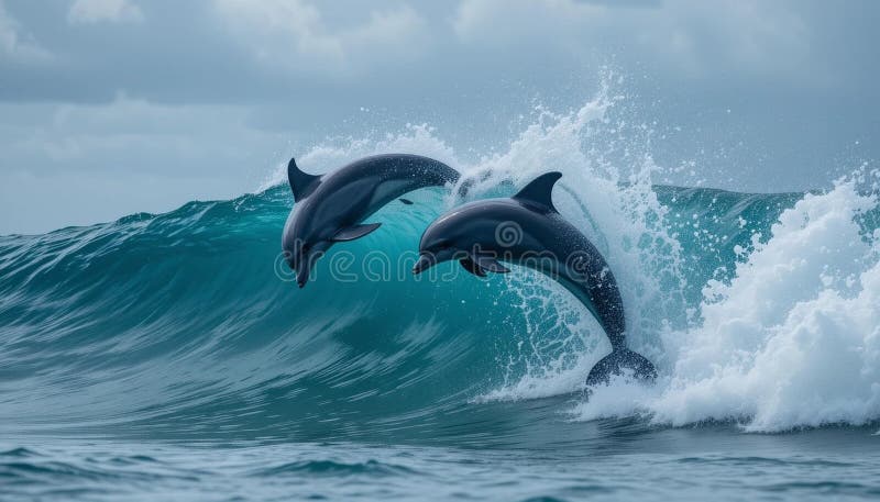Two Dolphins Leaping and Surfing through Ocean Waves Stock Photo ...