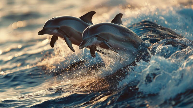 Two Dolphins Leaping Together at Golden Sunset Stock Image - Image of ...