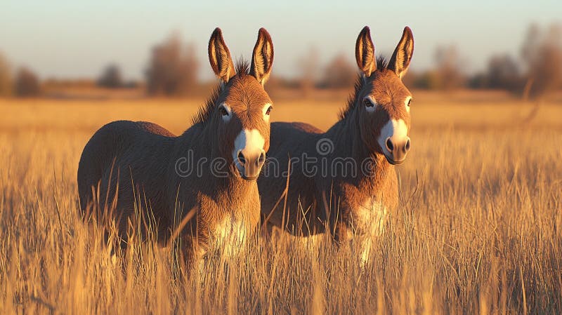 Two Donkeys in Golden Field during Sunset Stock Photo - Image of ears ...