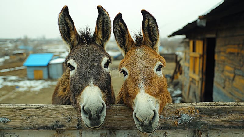 Two Donkeys Peeking Over Fence in Rural Winter Scene Stock Photo ...