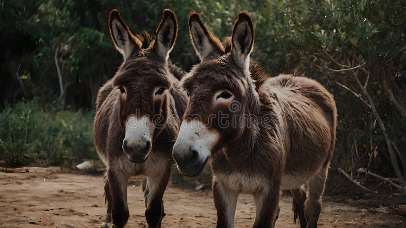 Two Brown Donkeys Standing in a Field Stock Photo - Image of ...
